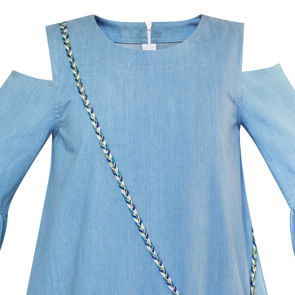 Girls Cold Shoulder Dress Denim Cowboy 3/4 Sleeve – Sunny Fashion