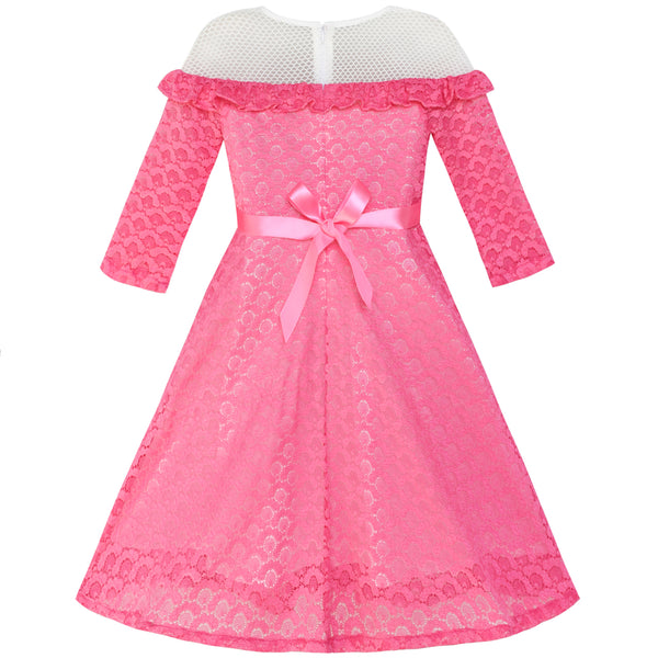 Girls Dress Off Shoulder Illusion Yoke 3/4 Sleeve Lace Dress – Sunny ...