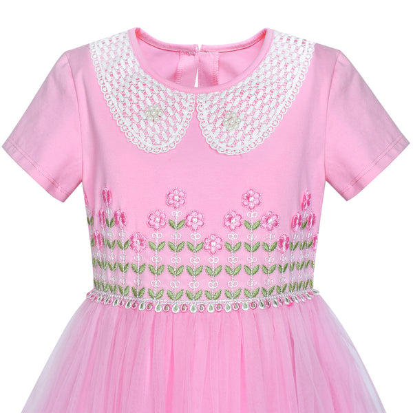 Girls Dress Collar Lace Short Sleeve Birthday – Sunny Fashion
